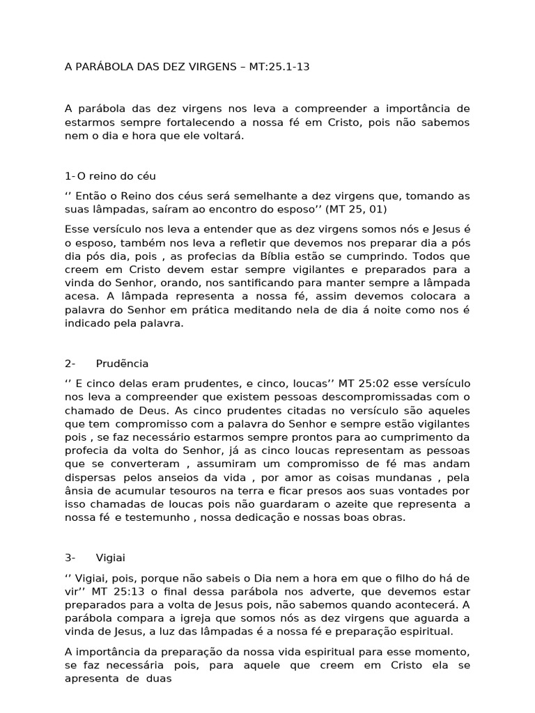 A Parábola Das Dez Virgens - MT25 | PDF | O Reino de Deus | Fé