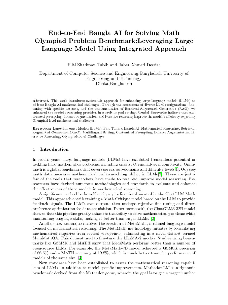 End-to-End Bangla AI for Solving Math Olympiad Problem Benchmark:Leveraging Large Language Model ...