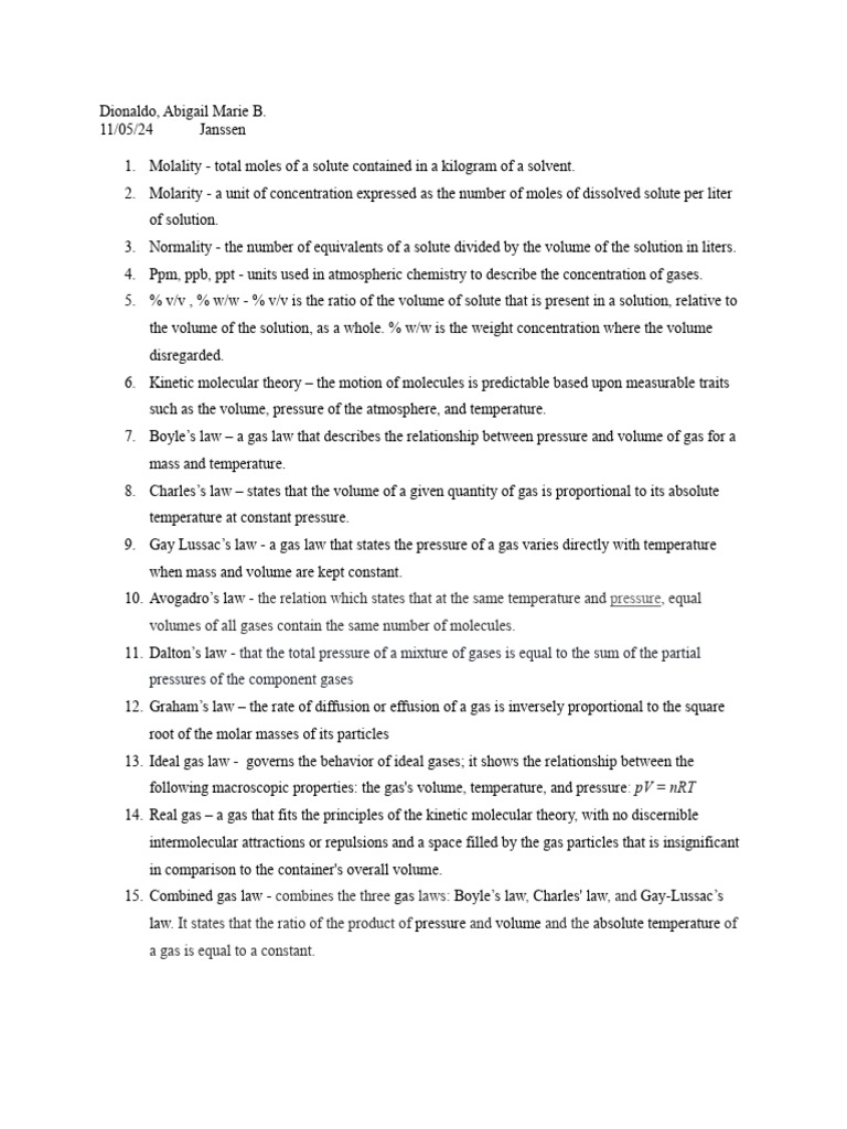 Chem Gas Laws Definition | PDF