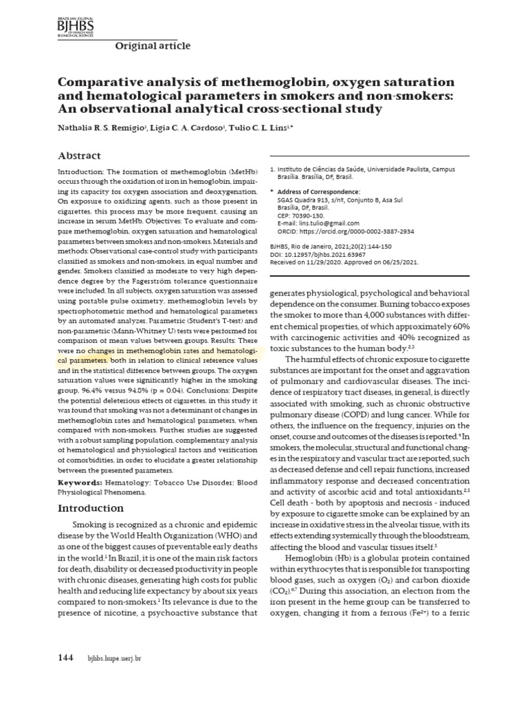 Comparative Analysis of Methemoglobin, Oxygen Saturation And ...