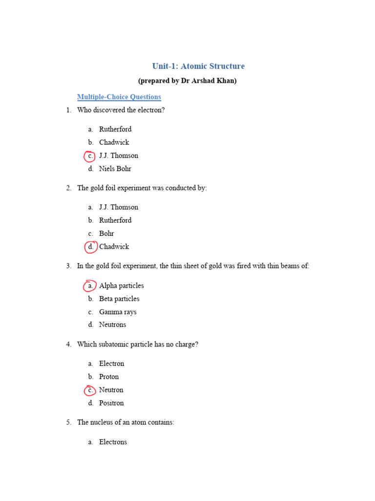 Atomic Structure: MCQs and Answers | PDF | Electron | Atoms