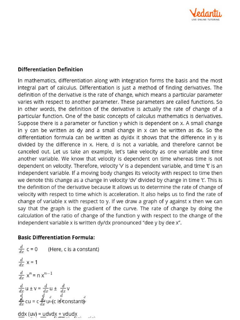 Differentiation Formula- Explanation, Solved Examples and FAQs 1 | PDF
