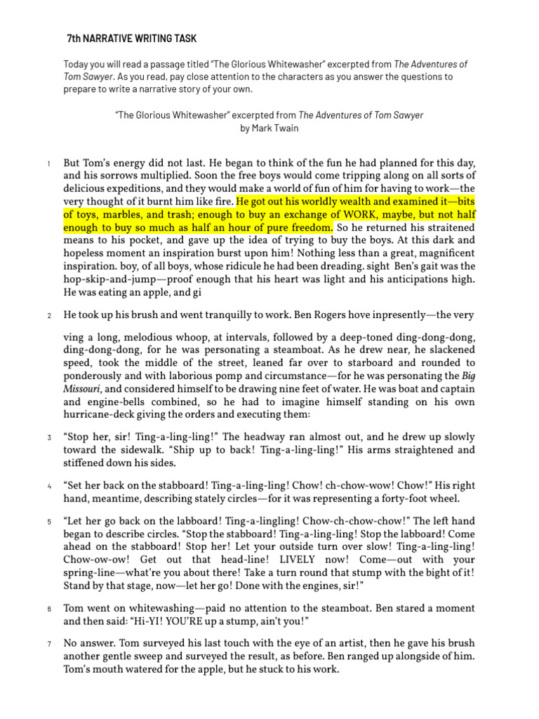 IAR Narrative Writing Task - The Glorious Whitewasher - Text Only | PDF