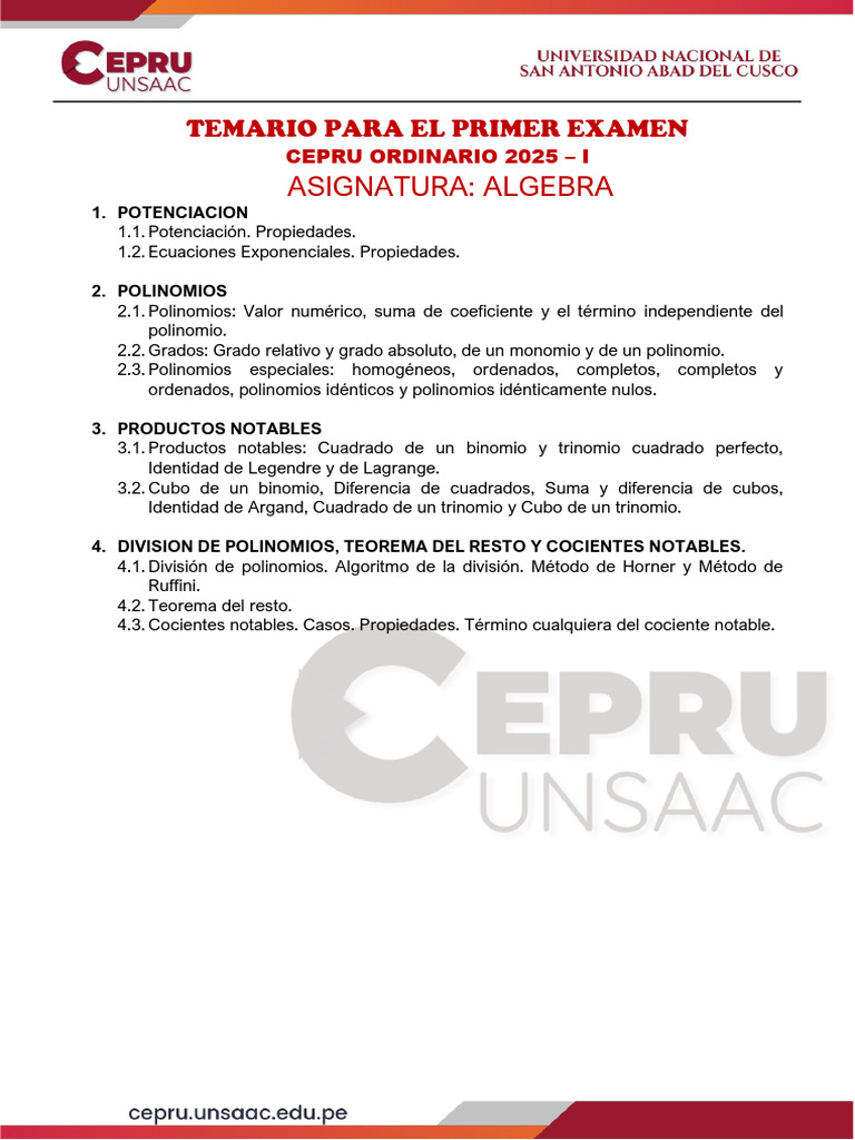 Temario - Algebra - Primer Examen | PDF