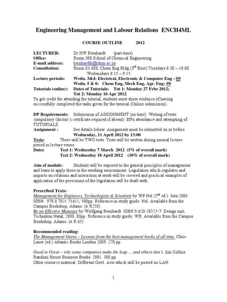 Engineering Management and Labour Relations ENCH4ML: Bernhardth@ukzn ...