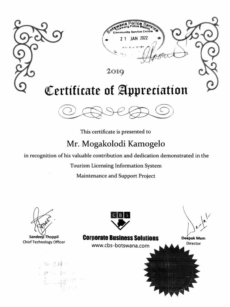 Certificate of Appreciation for Mr. Kamogelo | PDF