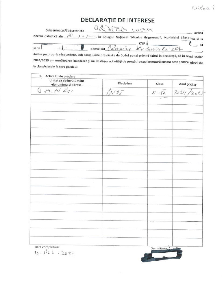 Declaratii de Interese Profesori CNNG 2 | PDF