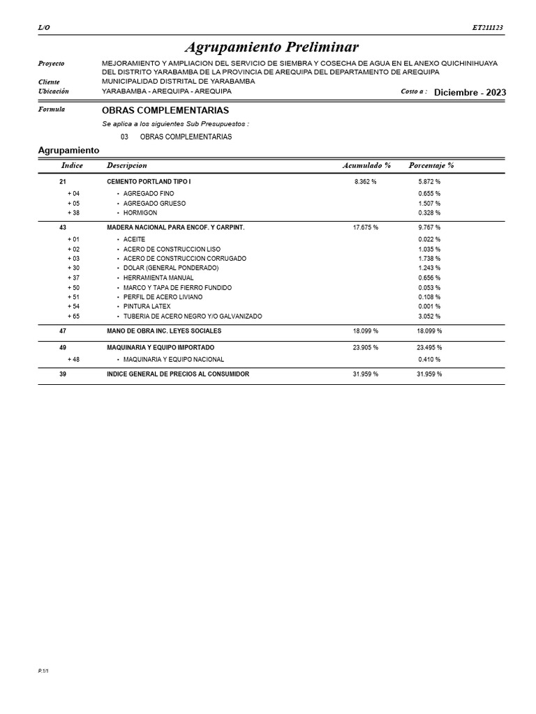 Agrupamiento Prelimi Obras Complementarias | PDF