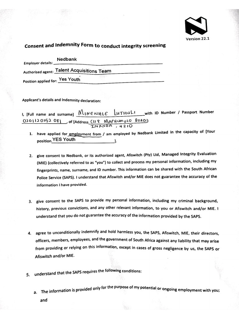 Nedbank Indemnity Form | PDF