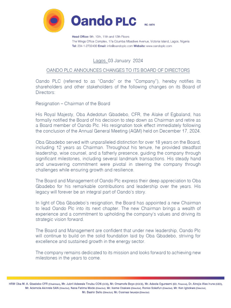 Oando PLC Board Changes Announcement | PDF | Business | Corporations