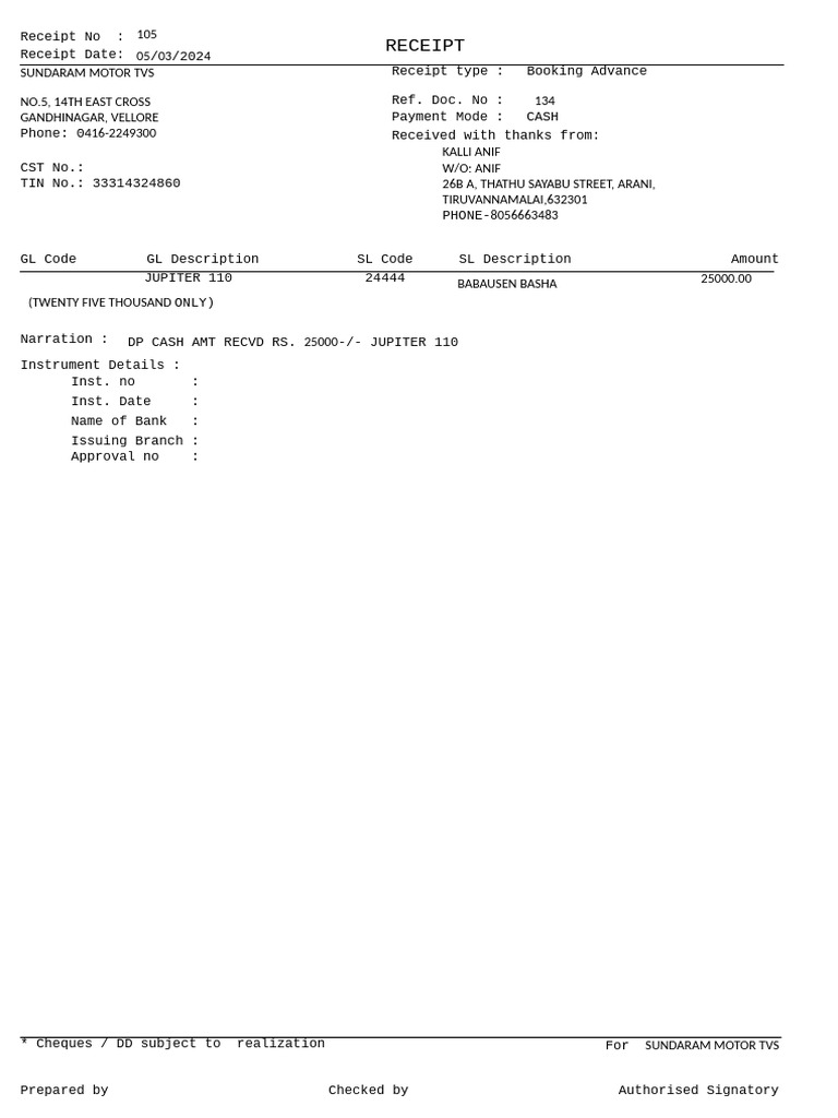 TVS Jupiter 110 Booking Receipt | PDF