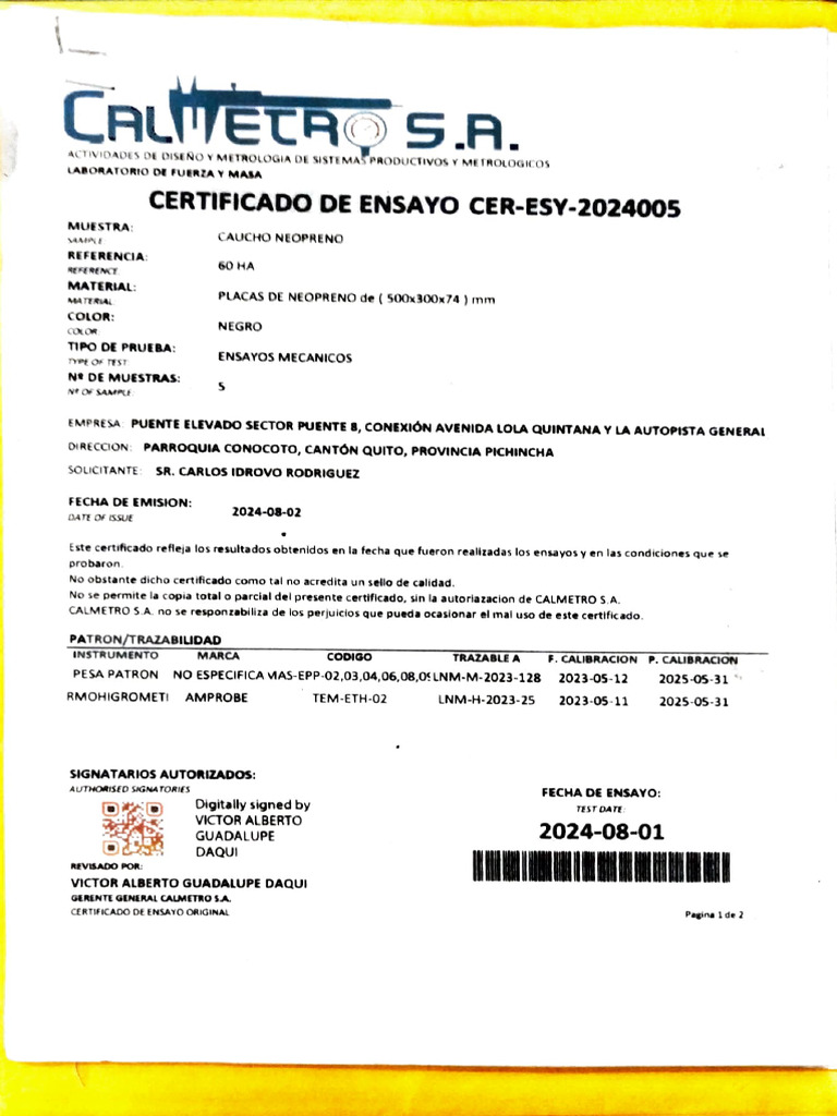 CERTIFICADOS DE ENSAYOS PLACAS DE NEOPRENO | PDF | Calibración | Cantidades fisicas