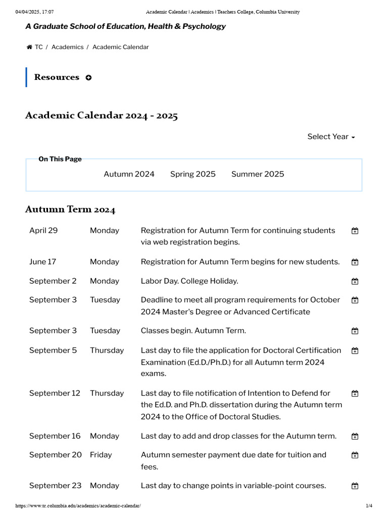 TC Academic Calendar 2024-2025 | PDF | Academic Term | Doctor Of Philosophy
