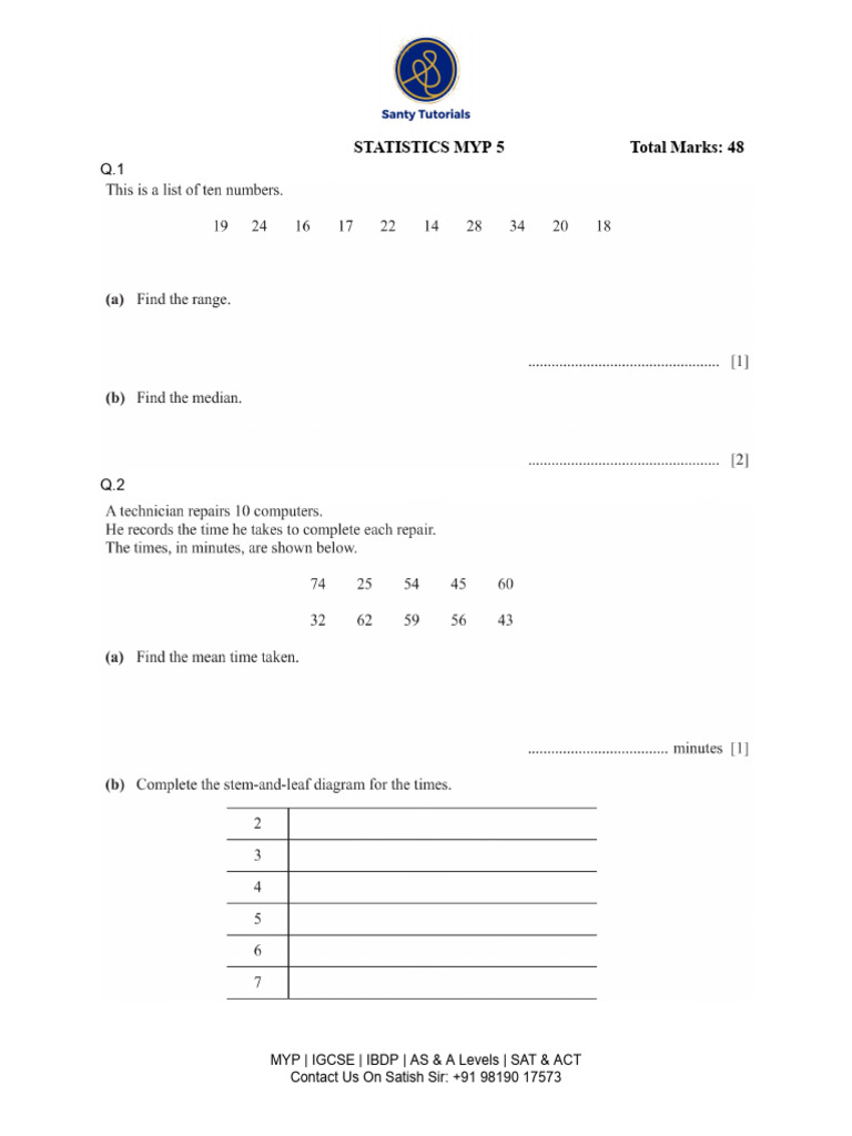 MYP 5 Statistics Worksheets PDF | PDF