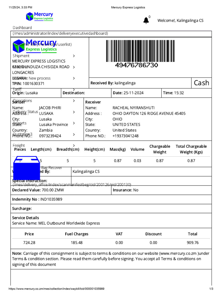 Jacob Phiri For Recheal 25 Nov | PDF | Logistics | Freight Transport