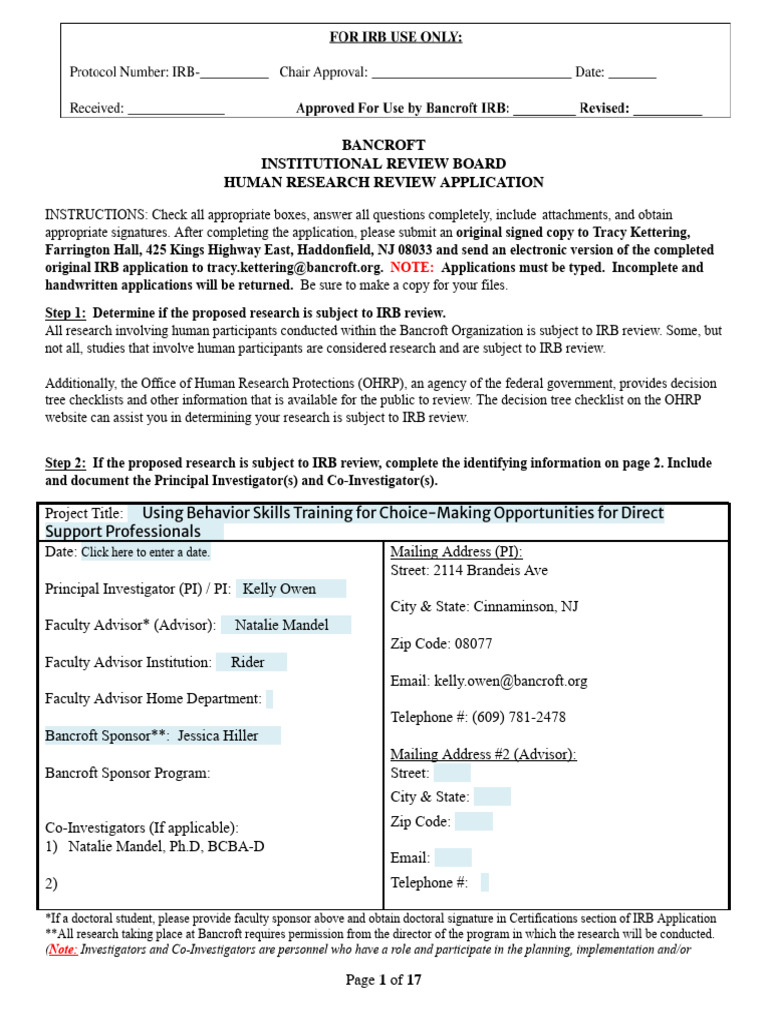 Bancroft IRB Application - KO 7.2024 | PDF | Informed Consent | Institutional Review Board