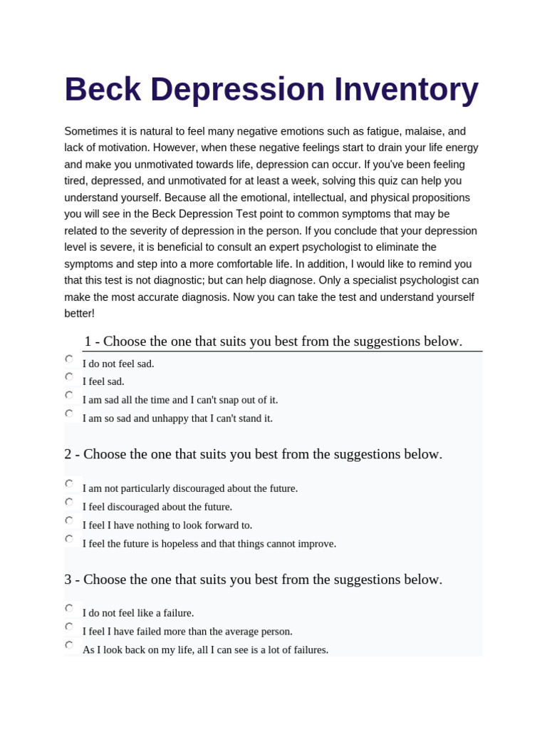 Beck Depression Inventory | PDF | Major Depressive Disorder | Emotions