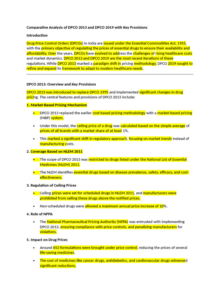 Comparative Analysis of DPCO 2013 and DPCO 2019 With Key Provisions | PDF | Medical Device | Pricing