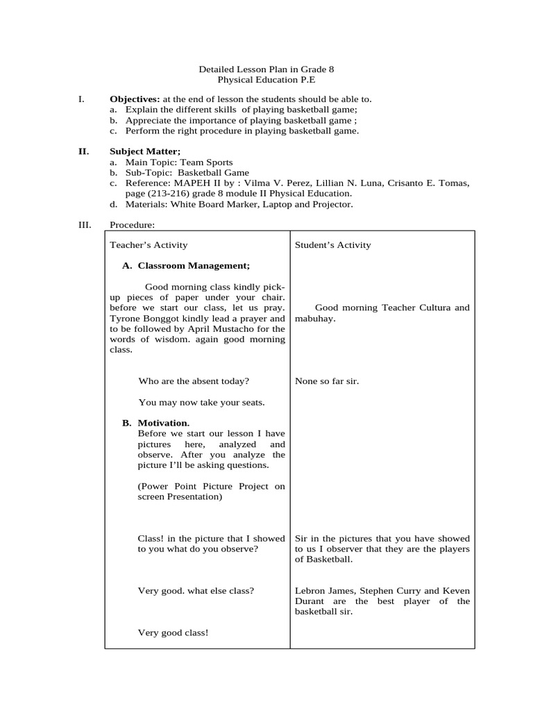 Detailed Lesson Plan in Basketball Grade 8 MAPEH | PDF | Sports | Team ...