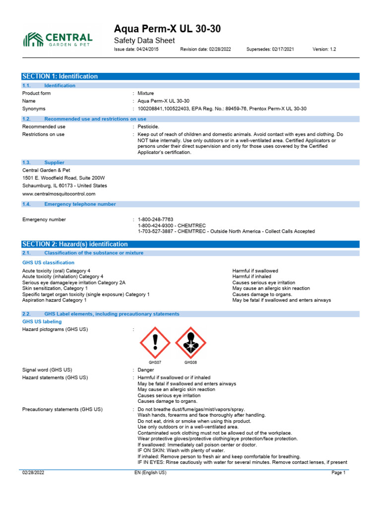 Aqua Perm-X UL 30-30 SDS | PDF | Toxicity | Occupational Safety And Health