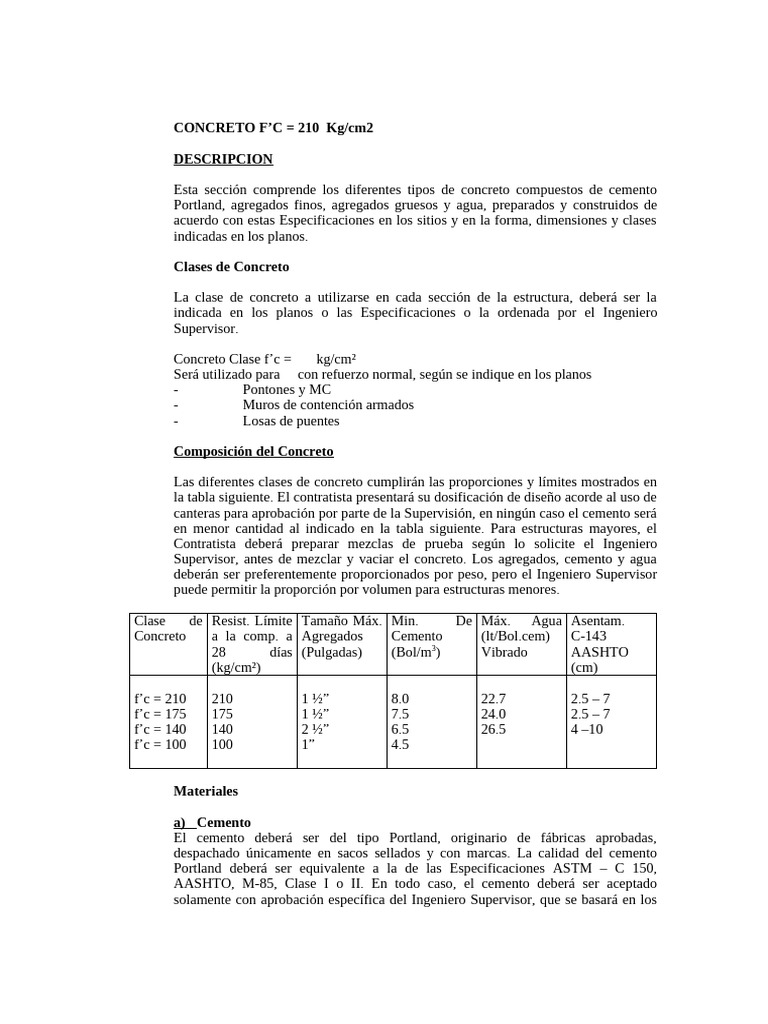 CONCRETO FC 210 kg-cm2 | PDF | Hormigón | Cemento
