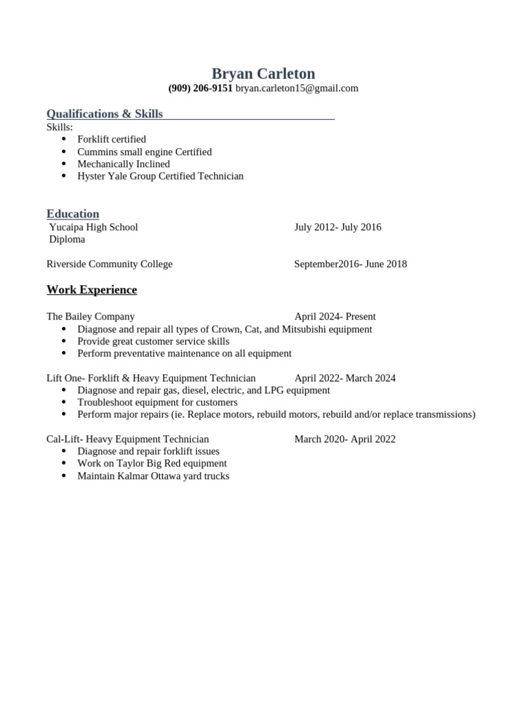 Bryan Carleton Resume Mechanics Update | PDF