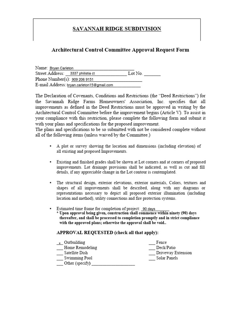Application For Architectural Committe Review | PDF | Covenant (Law)