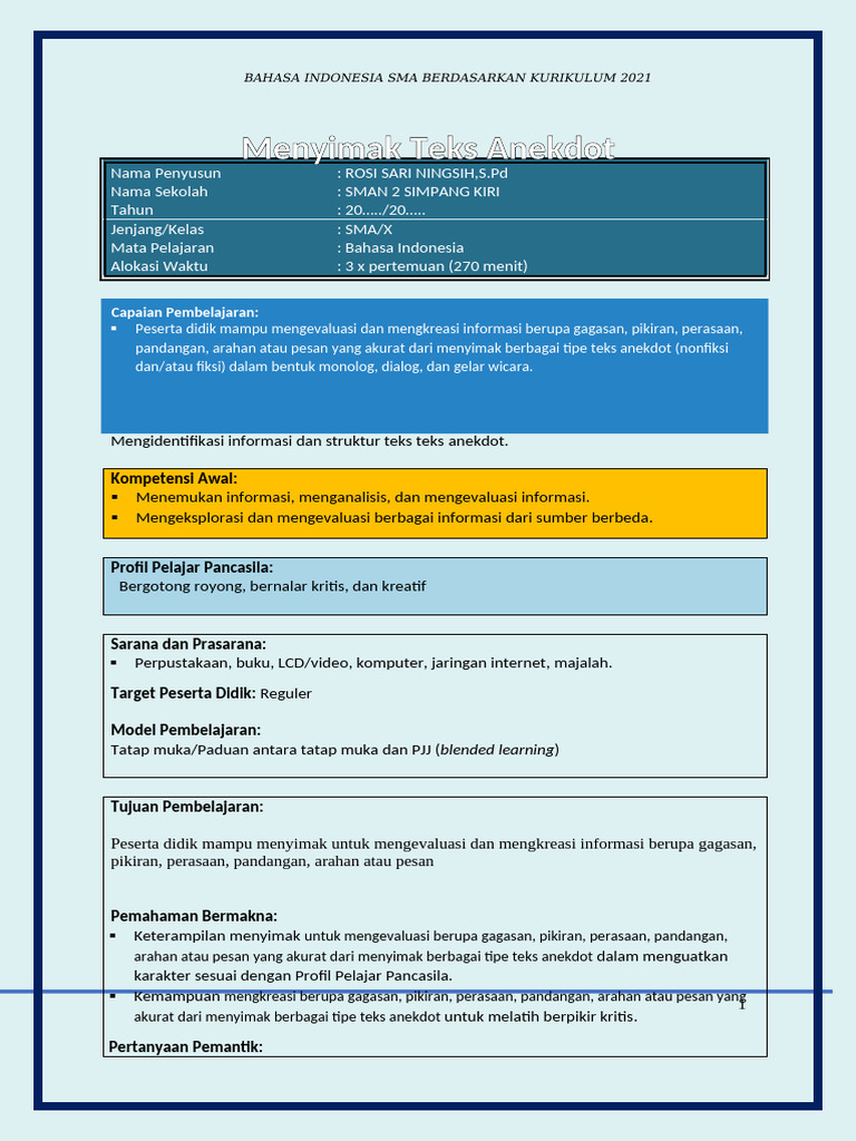 Modul Ajar Klas X Bab 2 Teks Anekdot | PDF