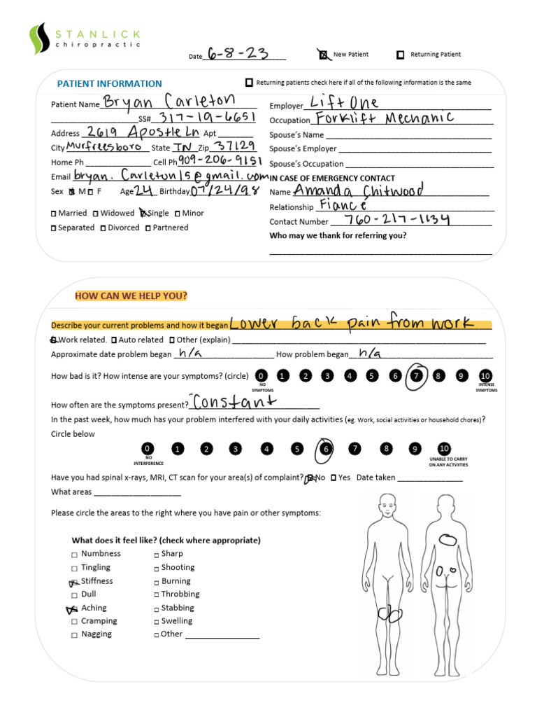 Stanlick Chiropractic Patient Intake Form | PDF | Chiropractic | Health ...