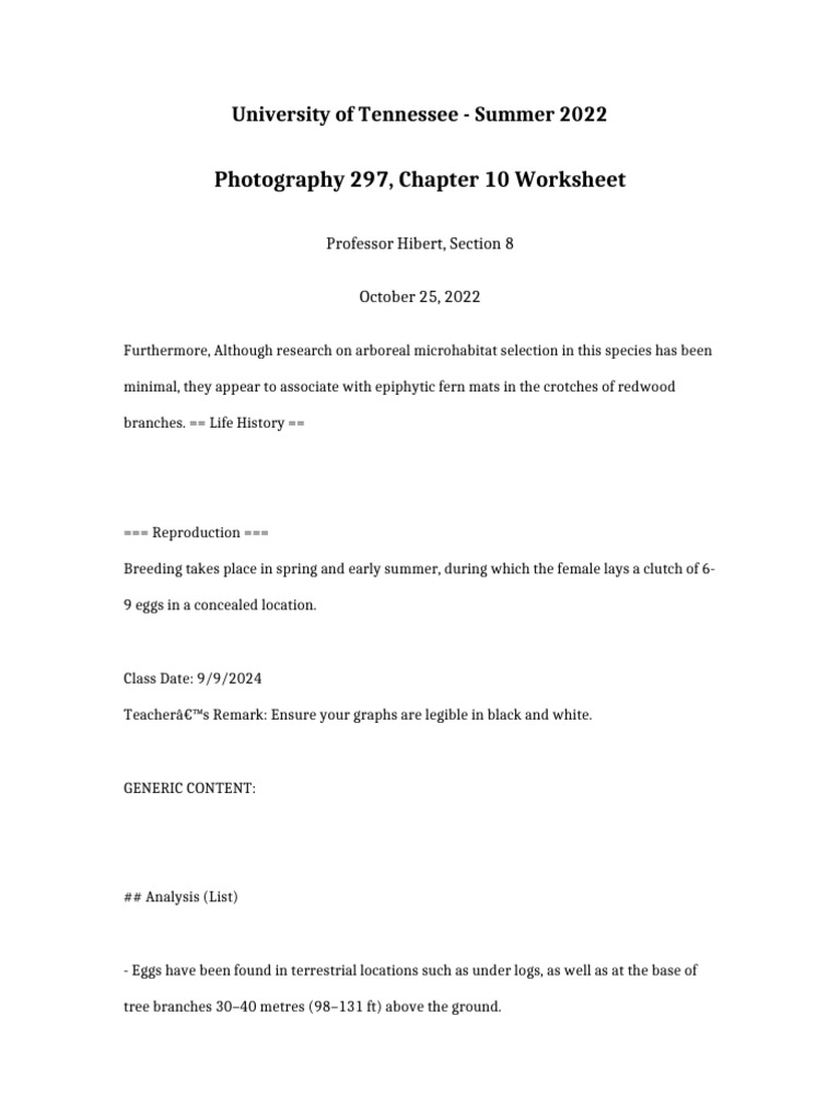 Photography 297 Chapter 10 Worksheet | PDF | Zoology