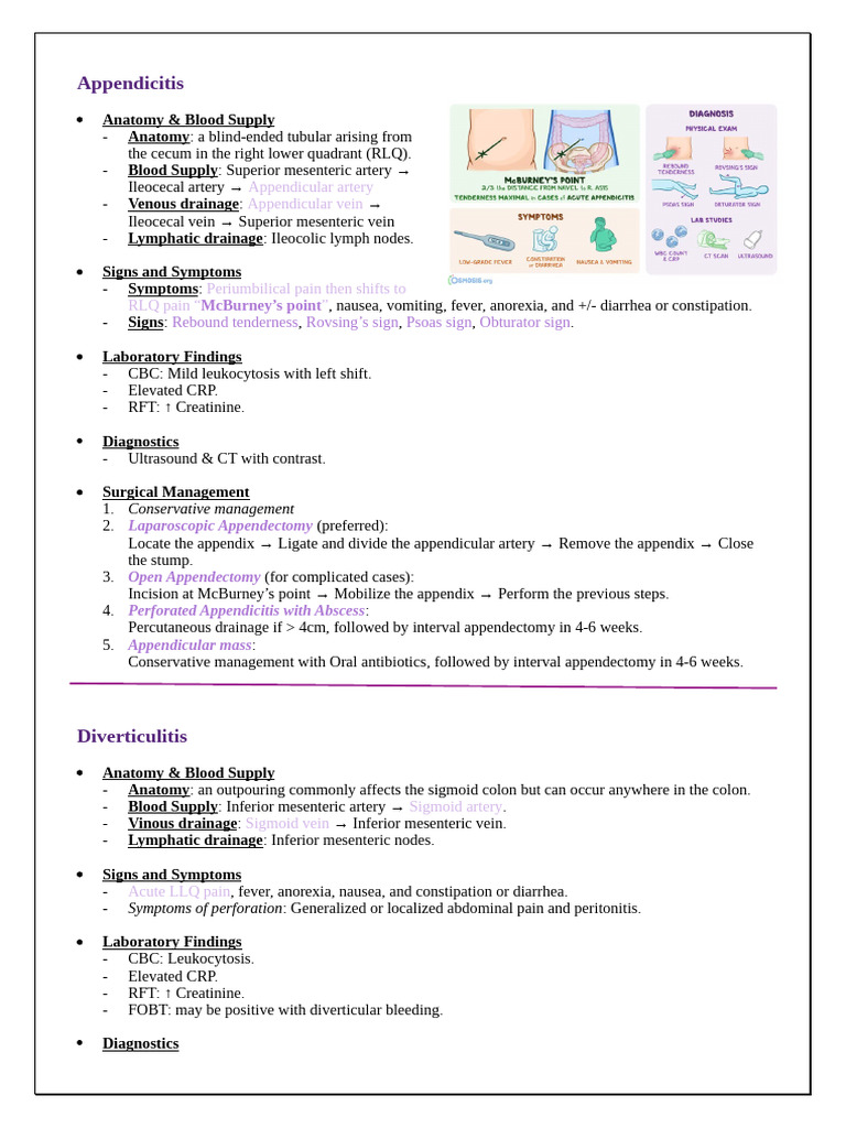 Appendicitis, Diverticulitis, and Volvulus Guide | PDF | Clinical ...