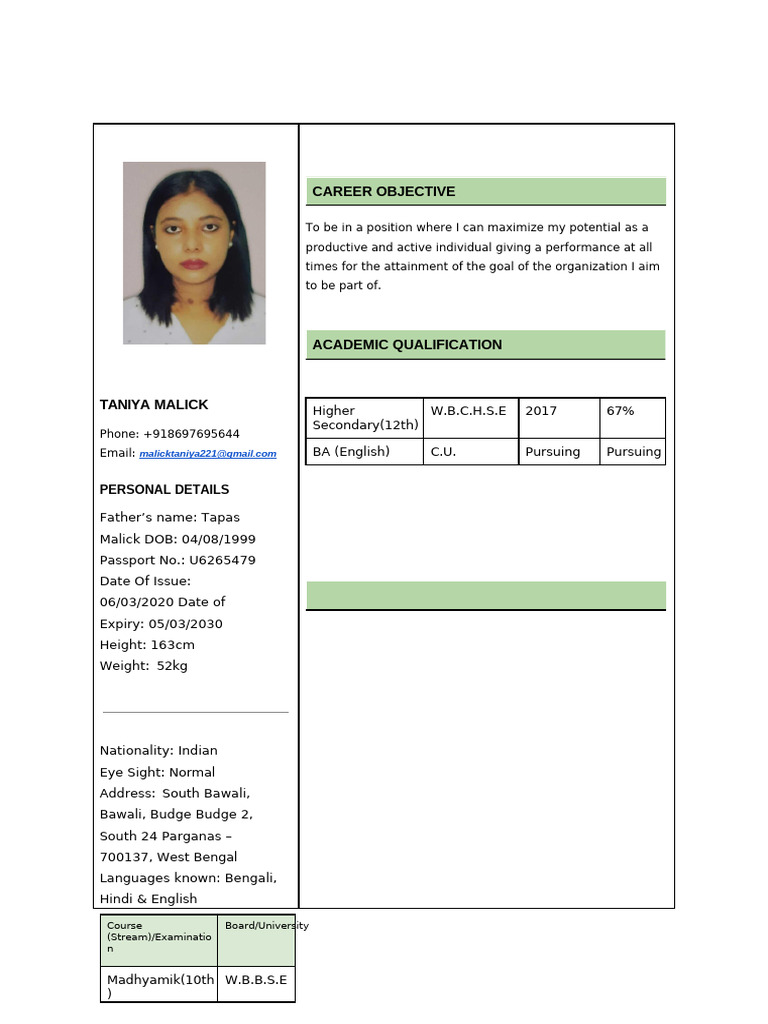 I am sharing 'TANIYA MALICK(new cv)' with you | PDF