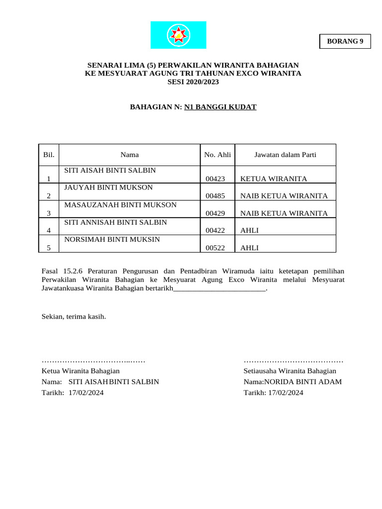 BORANG 9 - Perwakilan Wiranita (1) (1) | PDF
