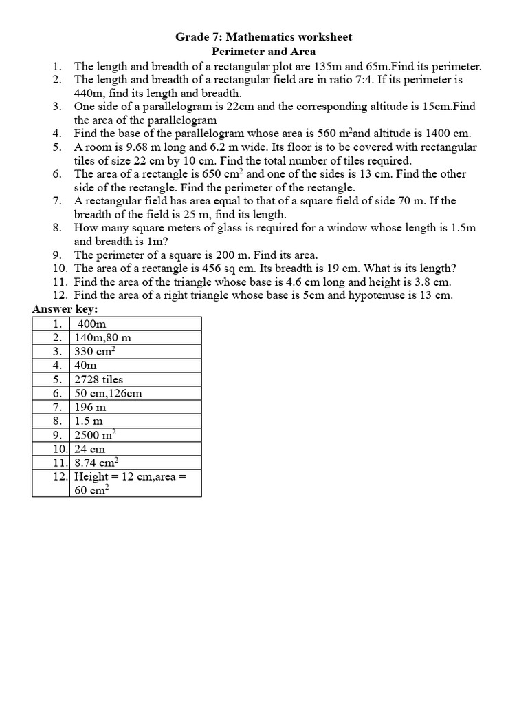 Grade 7 Math: Perimeter & Area Problems | PDF