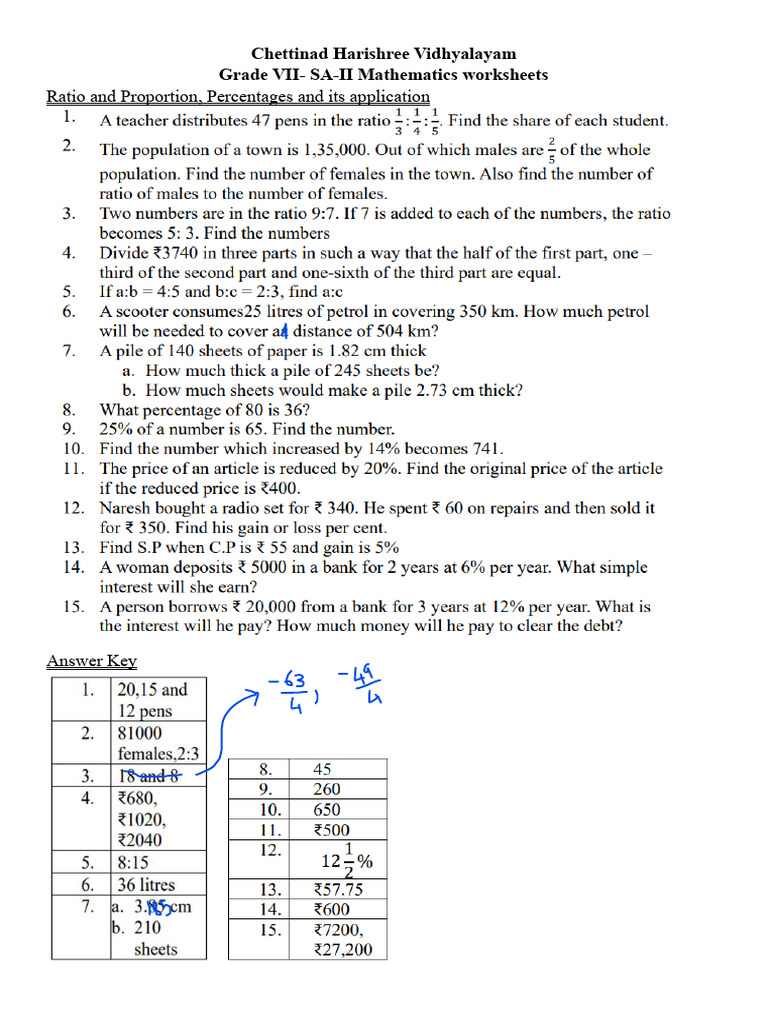 Grade 7 Ratio and Proportion, Percentages Worksheet | PDF