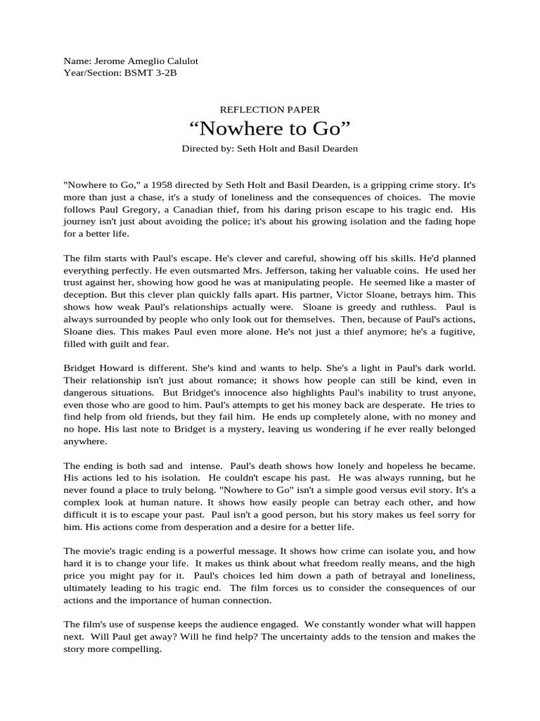 Nowhere To Go REFLECTION PAPER - J.Calulot | PDF