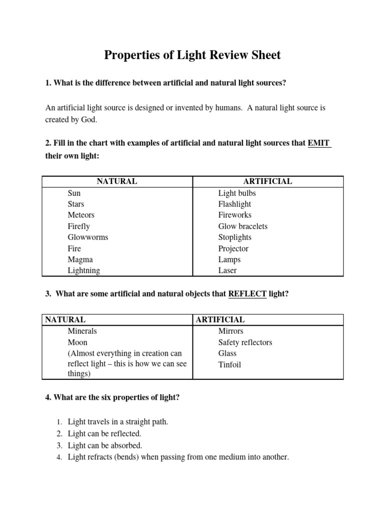 Properties of Light Review Sheet | PDF | Rainbow | Light