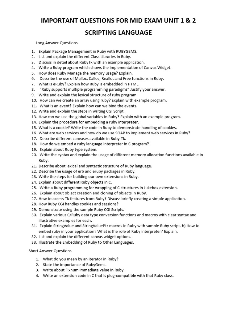 Important Questions Unit 1 and Unit 2 | PDF | Ruby (Programming ...
