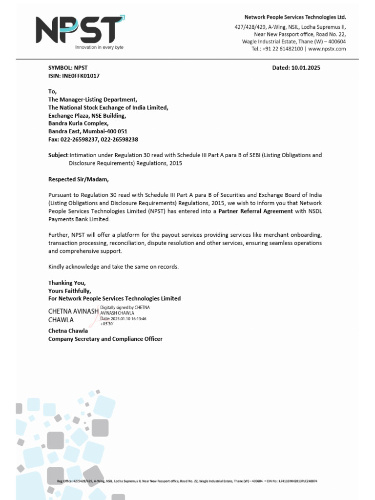 NPST 10012025161841 NSE Intimation 09012025 Signed | PDF