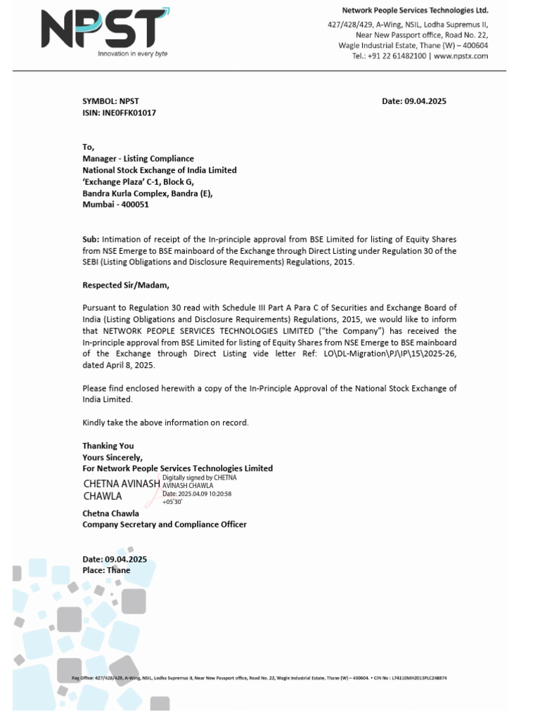 NPST 09042025102430 NSE Intimation 09042025 BSE Inprinciple Approval Dated 08042025 Signed | PDF