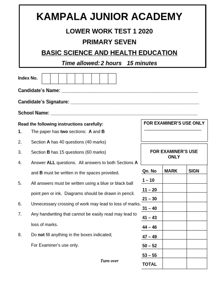 Primary Seven Science Test 2020 | PDF | Sheep | Bees