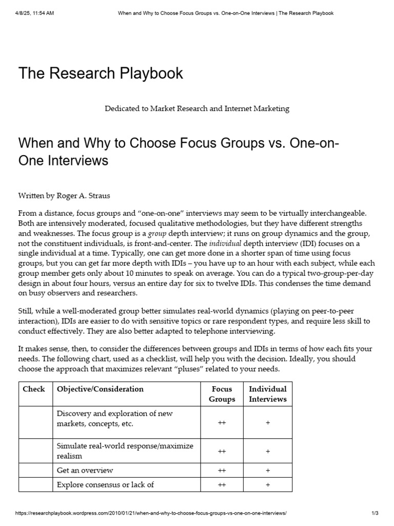 Strauss - 2010 - When and Why To Choose Focus Groups vs. One-on-One ...