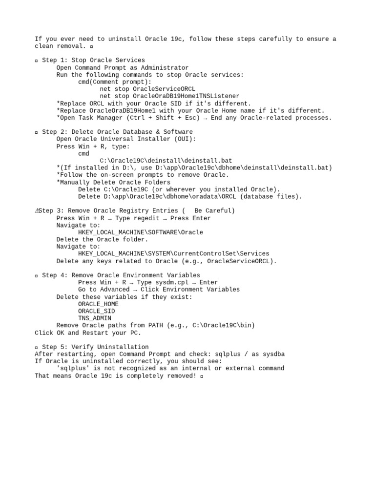 Oracle Uninstallation Steps | PDF