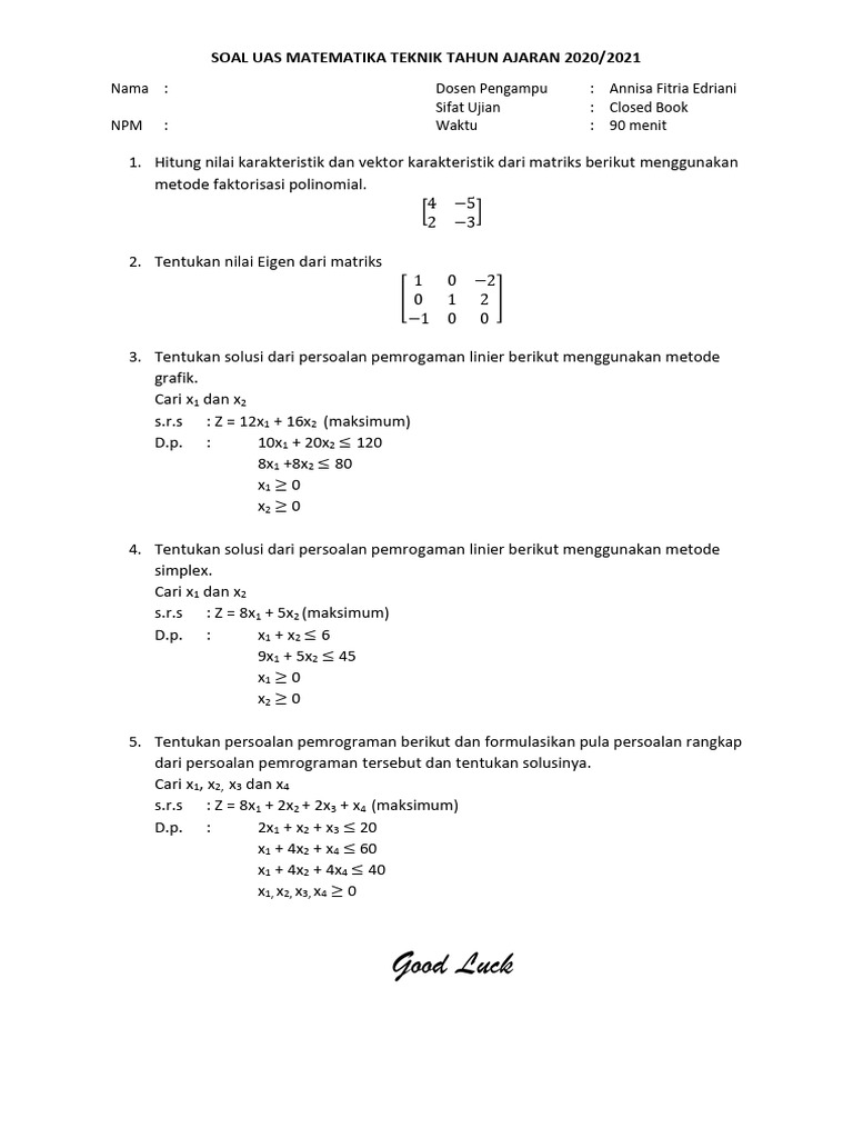 UAS Matematika Teknik 2021 | PDF