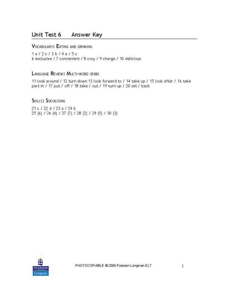 Unit Test 6 Answer Key | PDF | Cooking, Food & Wine | Science & Mathematics