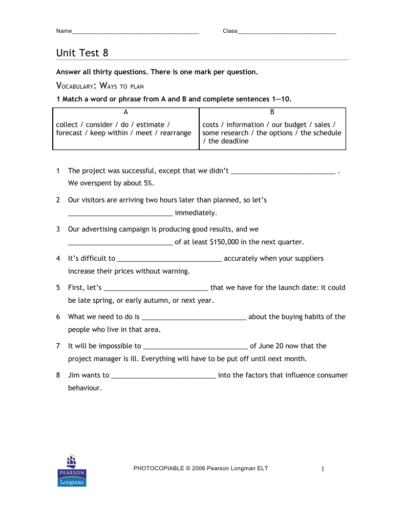 Unit Test 8: Answer All Thirty Questions. There Is One Mark Per ...