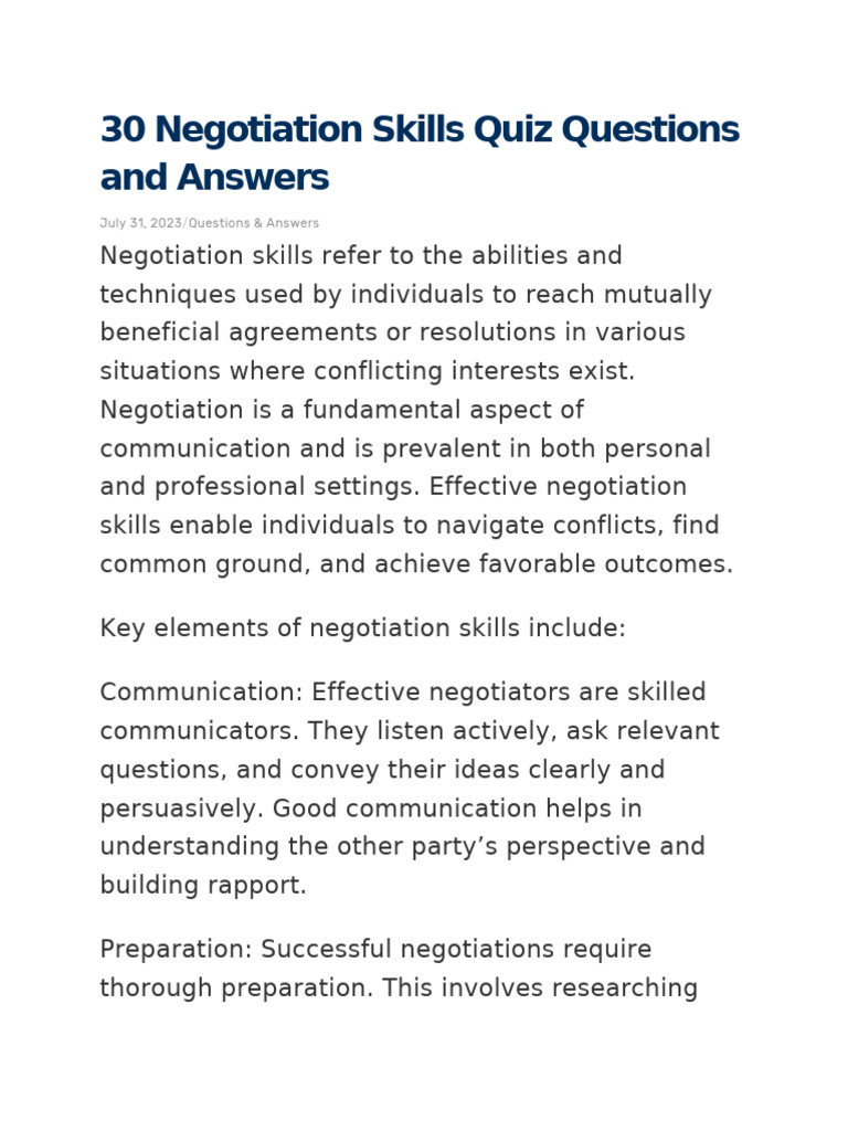 30 Negotiation Skills Quiz & Answers | PDF | Negotiation | Empathy