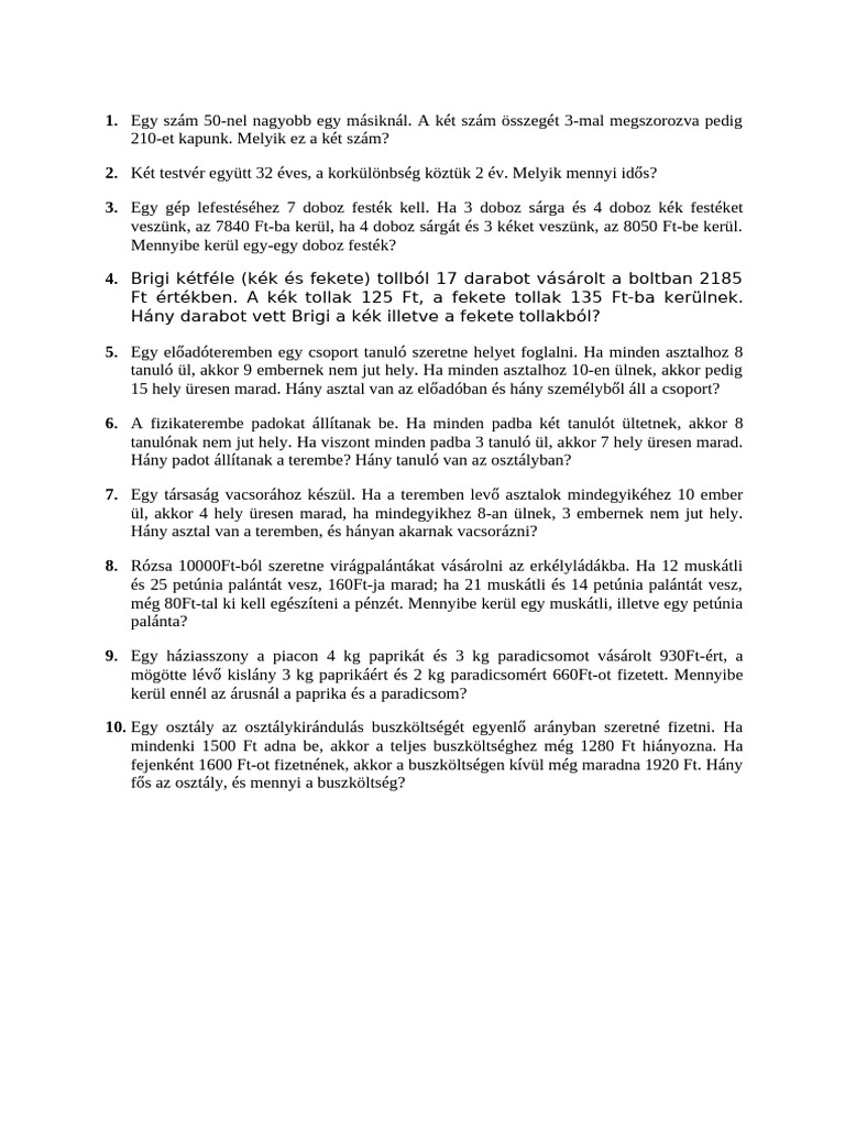 Egyenletrendszer Szöveges | PDF