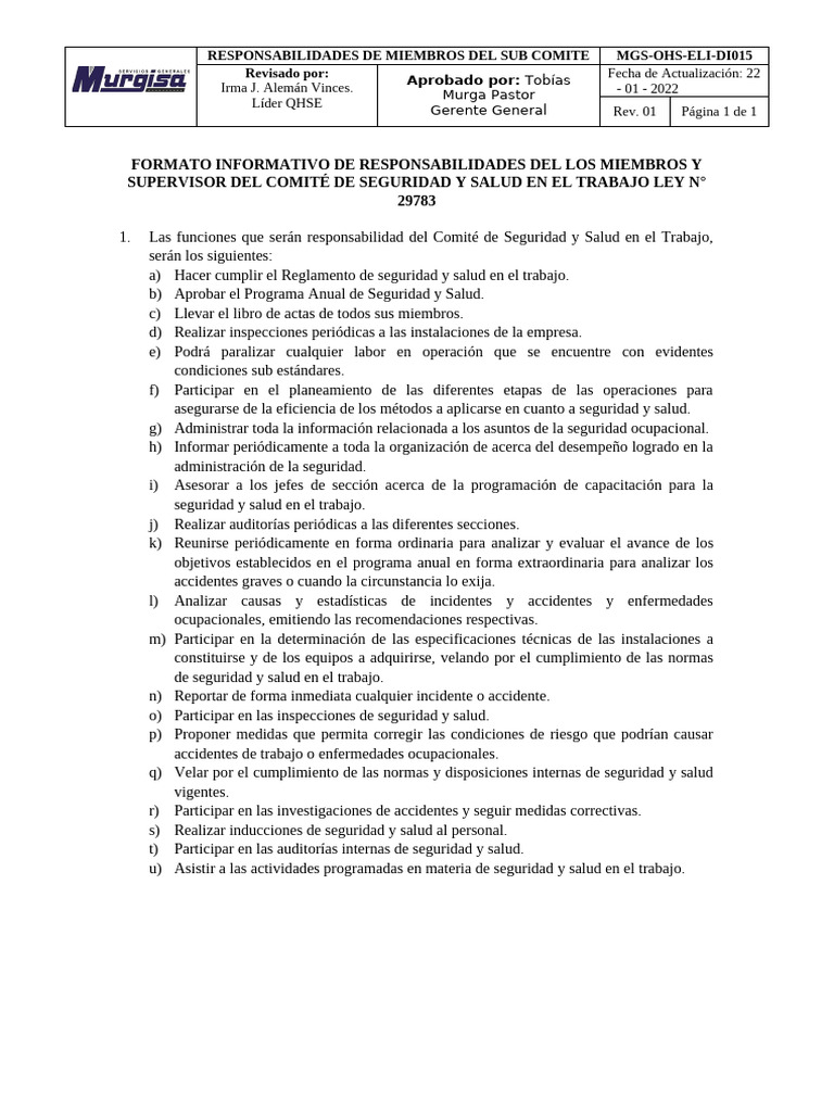 MGS-OHS-ELI-DI015 Responsabilidades de los miembros del comite | PDF