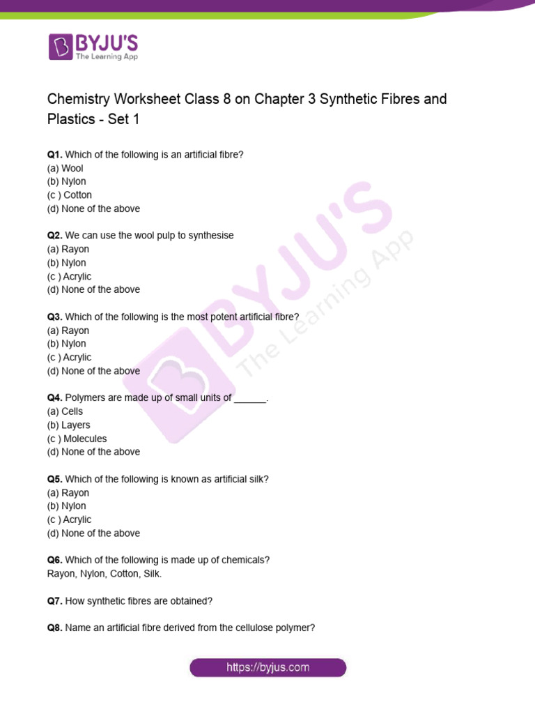 Chemistry Worksheet Class 8 On Chapter 3 Synthetic Fibres and Plastics Set 1.docx 1 | PDF